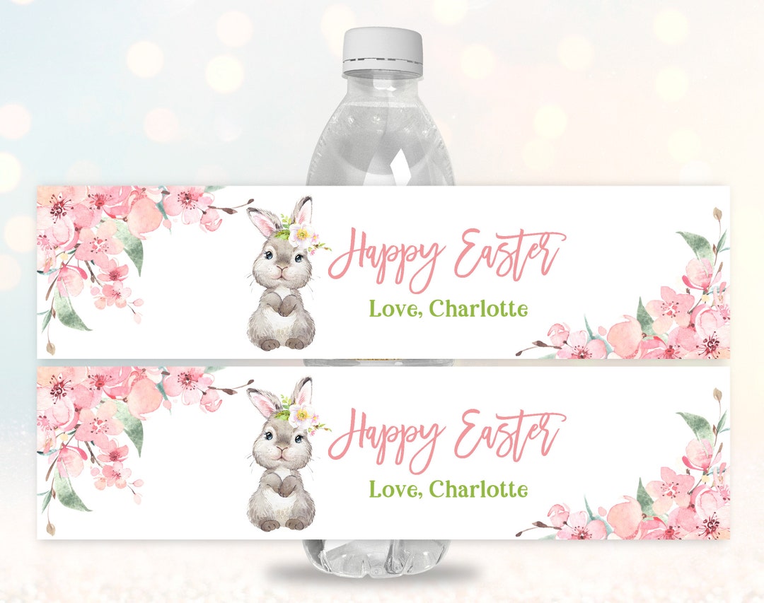 Bunny Water Bottle Label Easter Bottle Label Floral Bunny Blush Pink ...