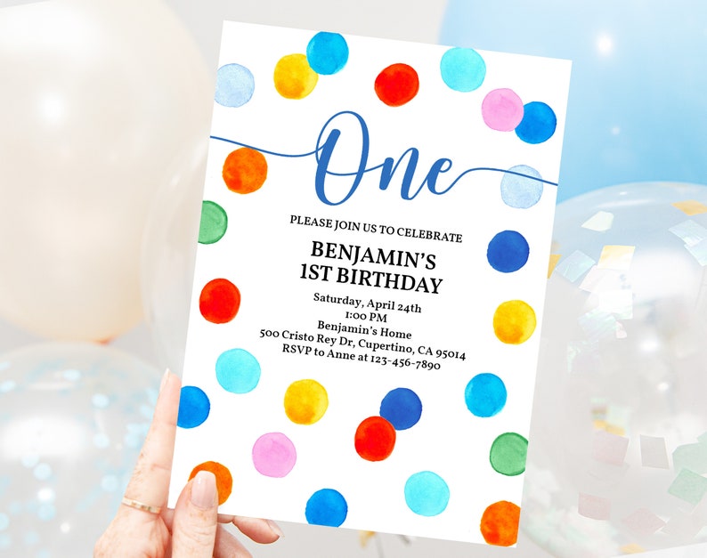 Rainbow Polka Dot Birthday Invitation Watercolor Spots - Etsy