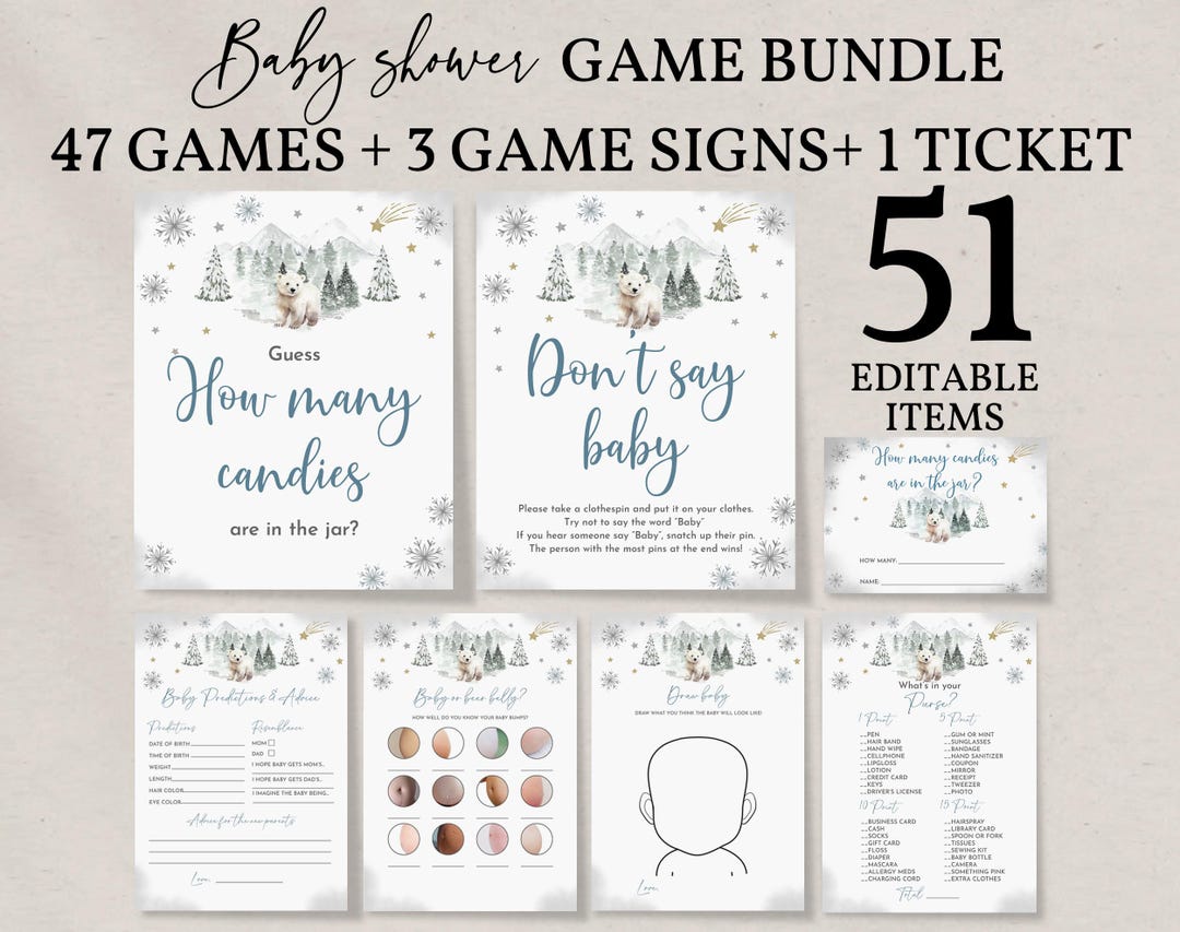 Editable Blue Polar Bear Baby Shower Game Bundle Winter Wonderland Baby ...