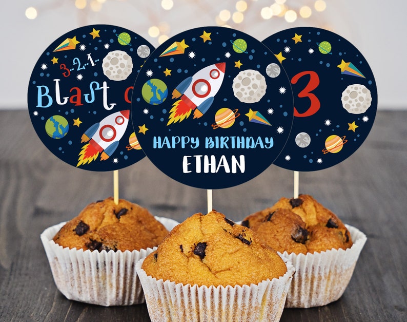 Outer Space Cupcake Topper Birthday Favor Label Sticker | Etsy