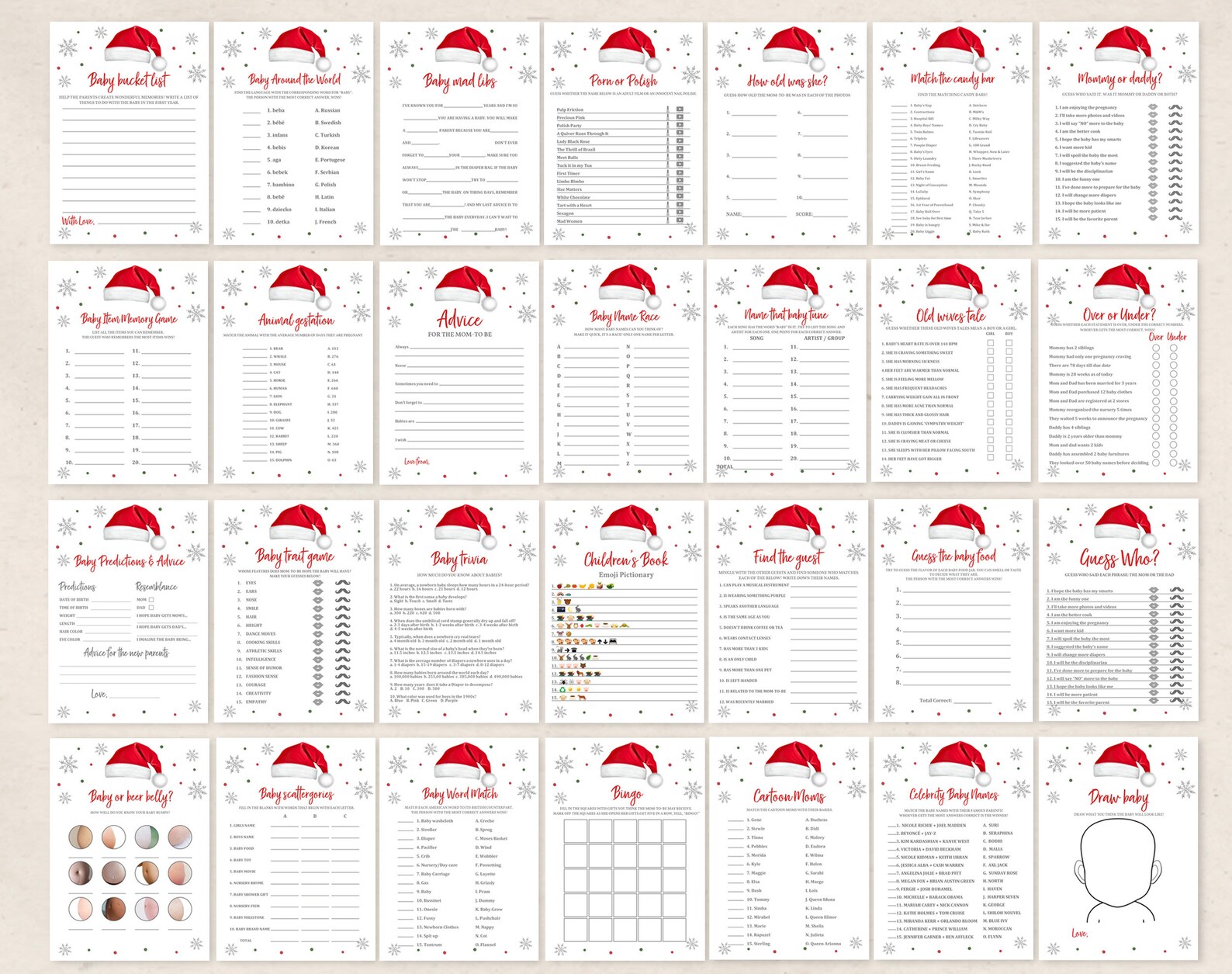 Christmas Baby Shower Game Set Santa Game Pack Bundle Winter - Etsy