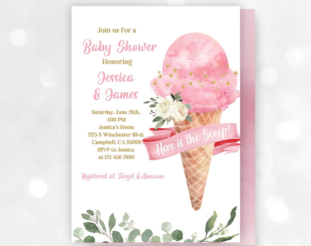 Ice Cream Baby Shower Invitation Here's the Scoop It's a Girl Pink Ice ...