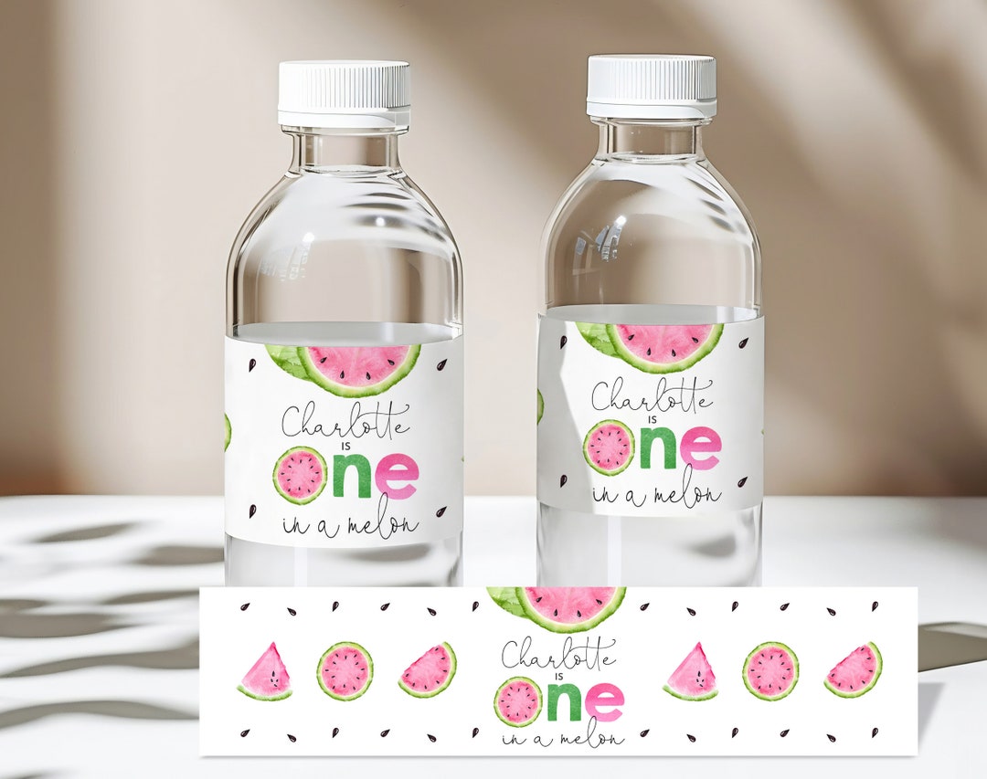 Editable One in a Melon Birthday Water Bottle Label Pink One in a Melon ...