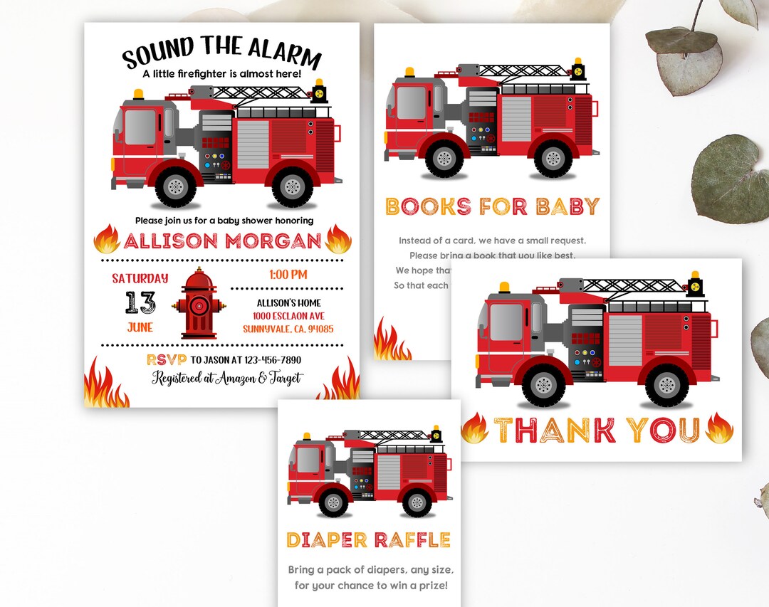 Firefighter Baby Shower Invitations, Fire Truck Theme (editable ...