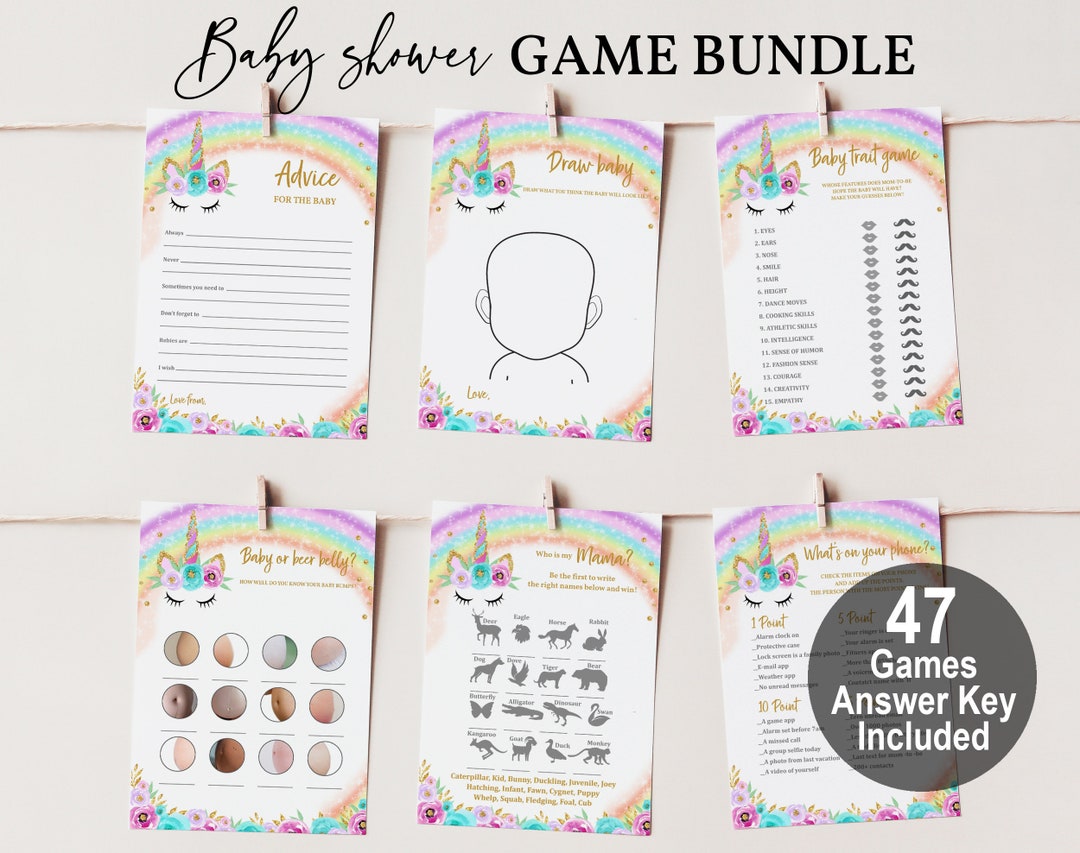 Unicorn Baby Shower Games Package Pink Teal & Gold Unicorn Floral ...