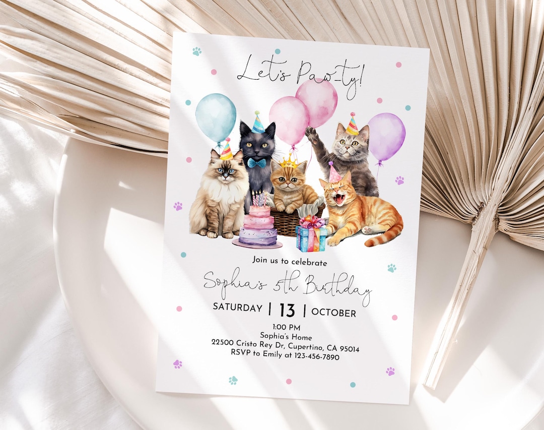 Cat Birthday Invitation Let's Pawty Birthday Invite Editable Girl Kitty ...