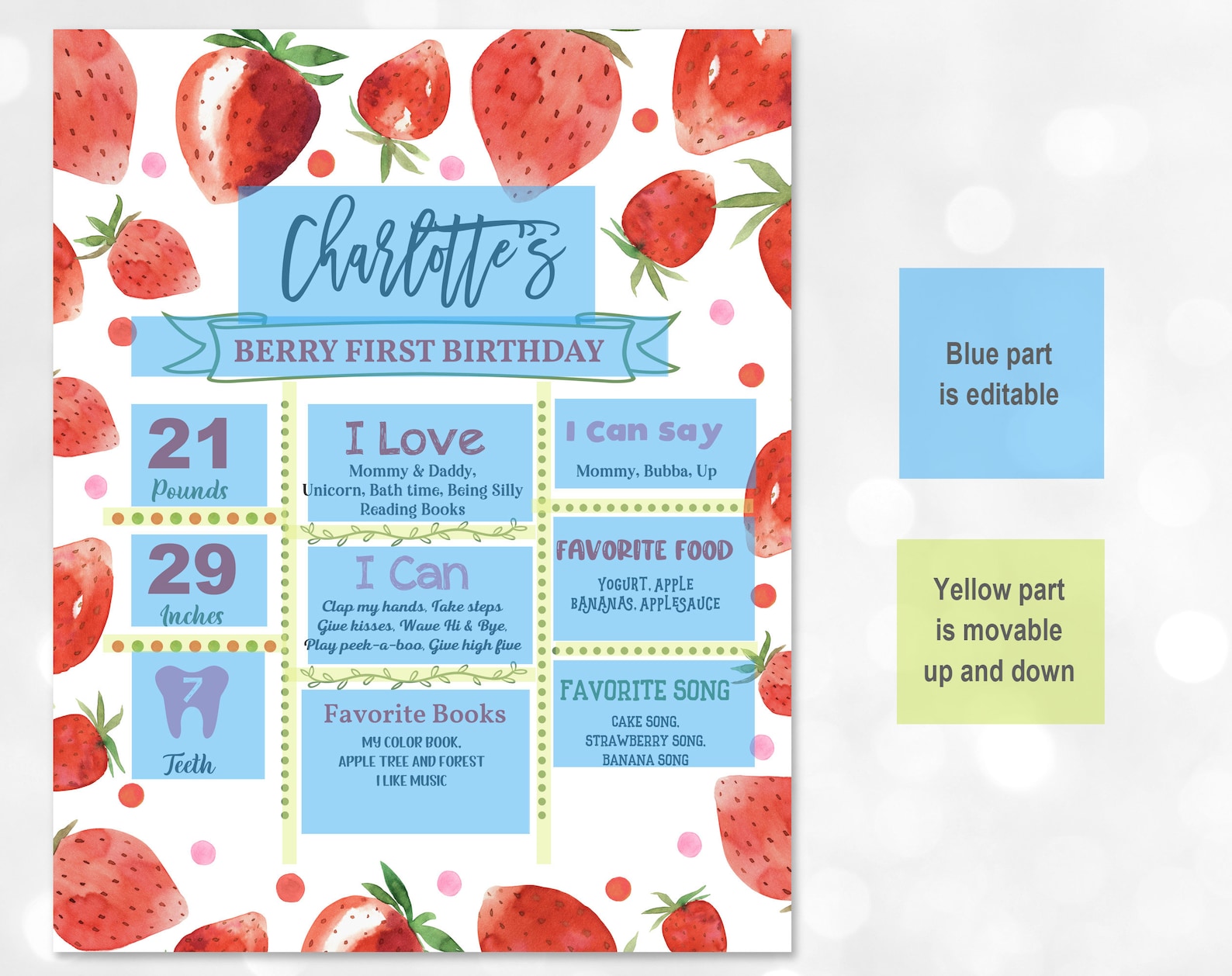 Strawberry Birthday Milestone Poster Berry Sweet 1st Birthday Stats ...