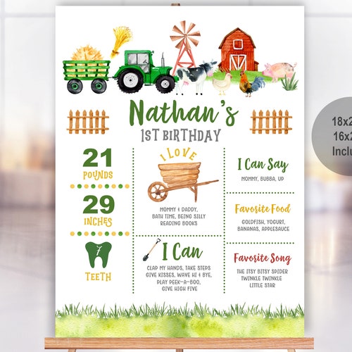 Green Farm Tractor Balloons Birthday Milestone Sign Editable - Etsy