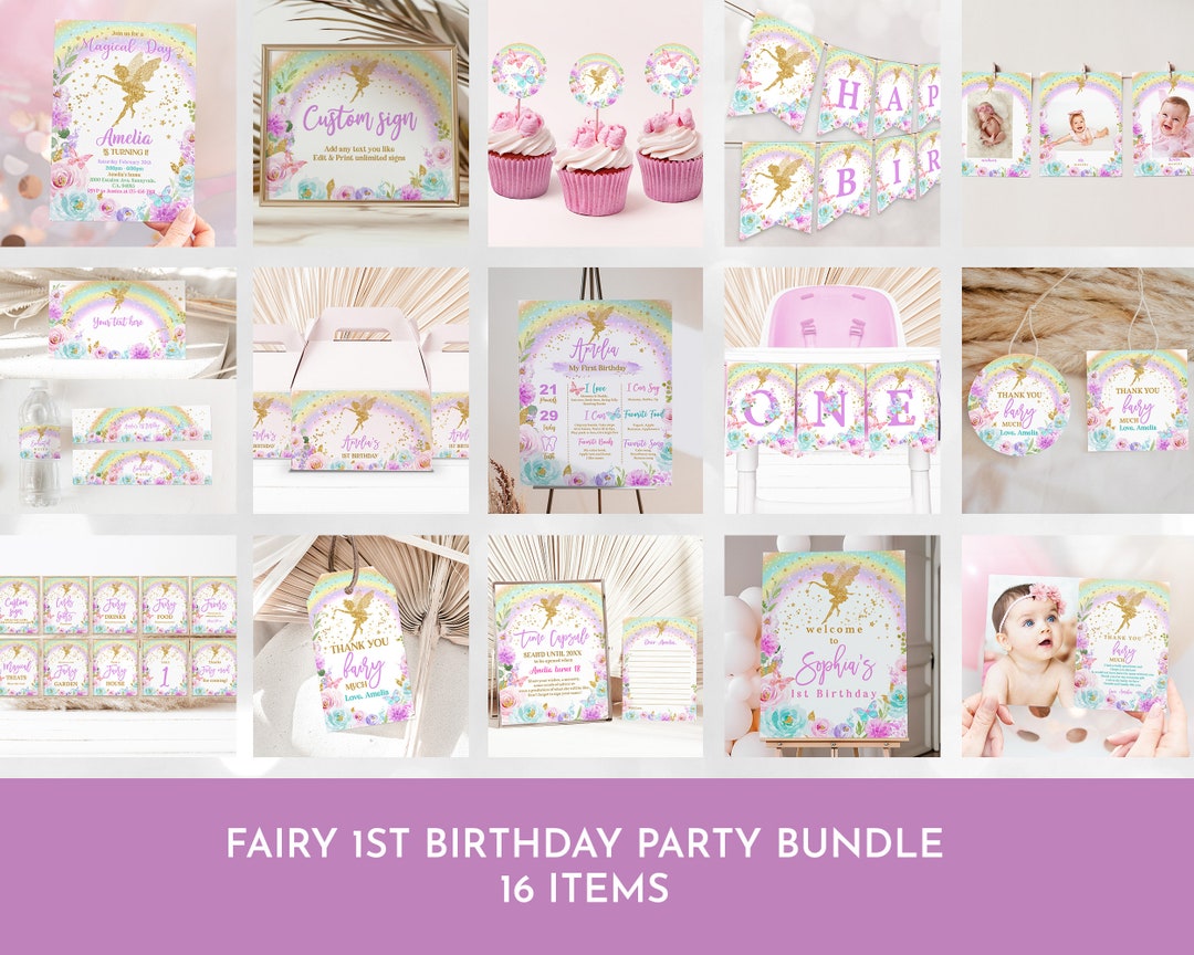 Editable Fairy First Birthday Invitation Bundle Magical Floral Fairy ...