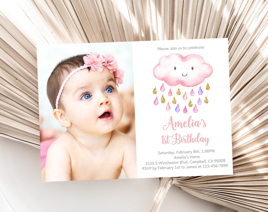 Cloud Birthday Invitation Cloud Party Invite Rain Pink Girl - Etsy