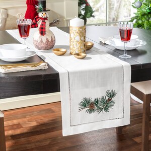 Pinecone Embroidered Christmas Table Runner Rustic Winter Decor White ...