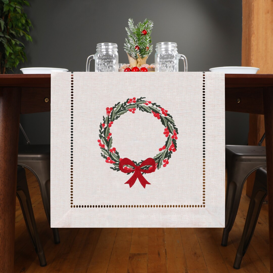 Christmas Table Runner, Holiday Wreath Embroidered Hemstitch Table ...