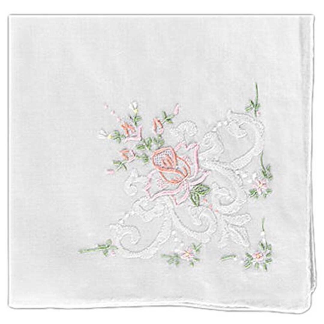 Women's Handkerchief White Fine Cotton Inch With Floral Rose Embroidery ...