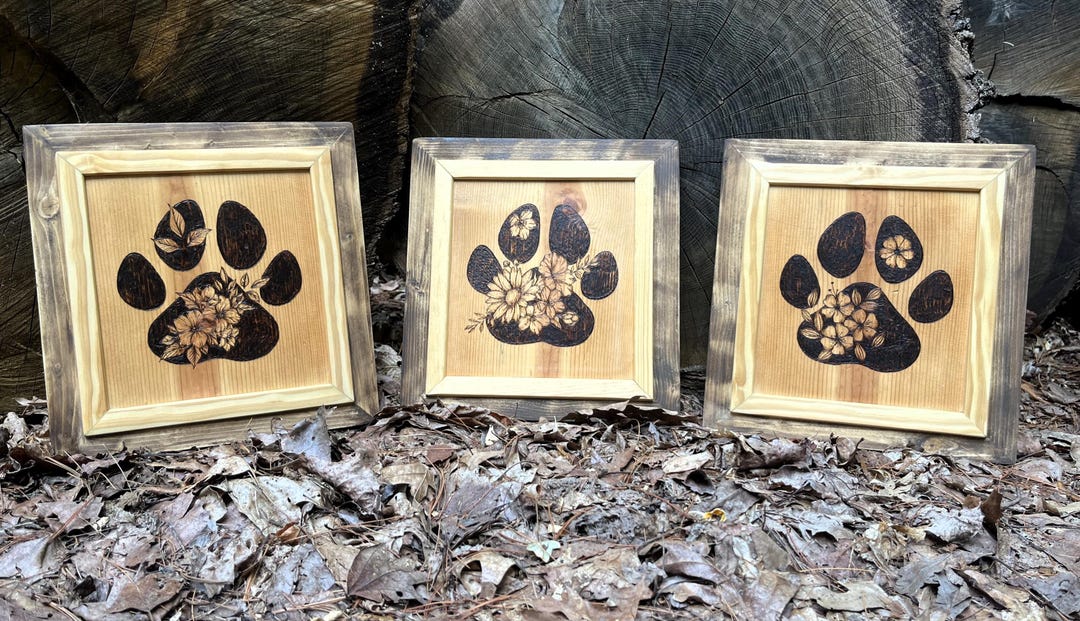 Set of 3 Floral Paw Print Wood Burned Art Plaques - Etsy