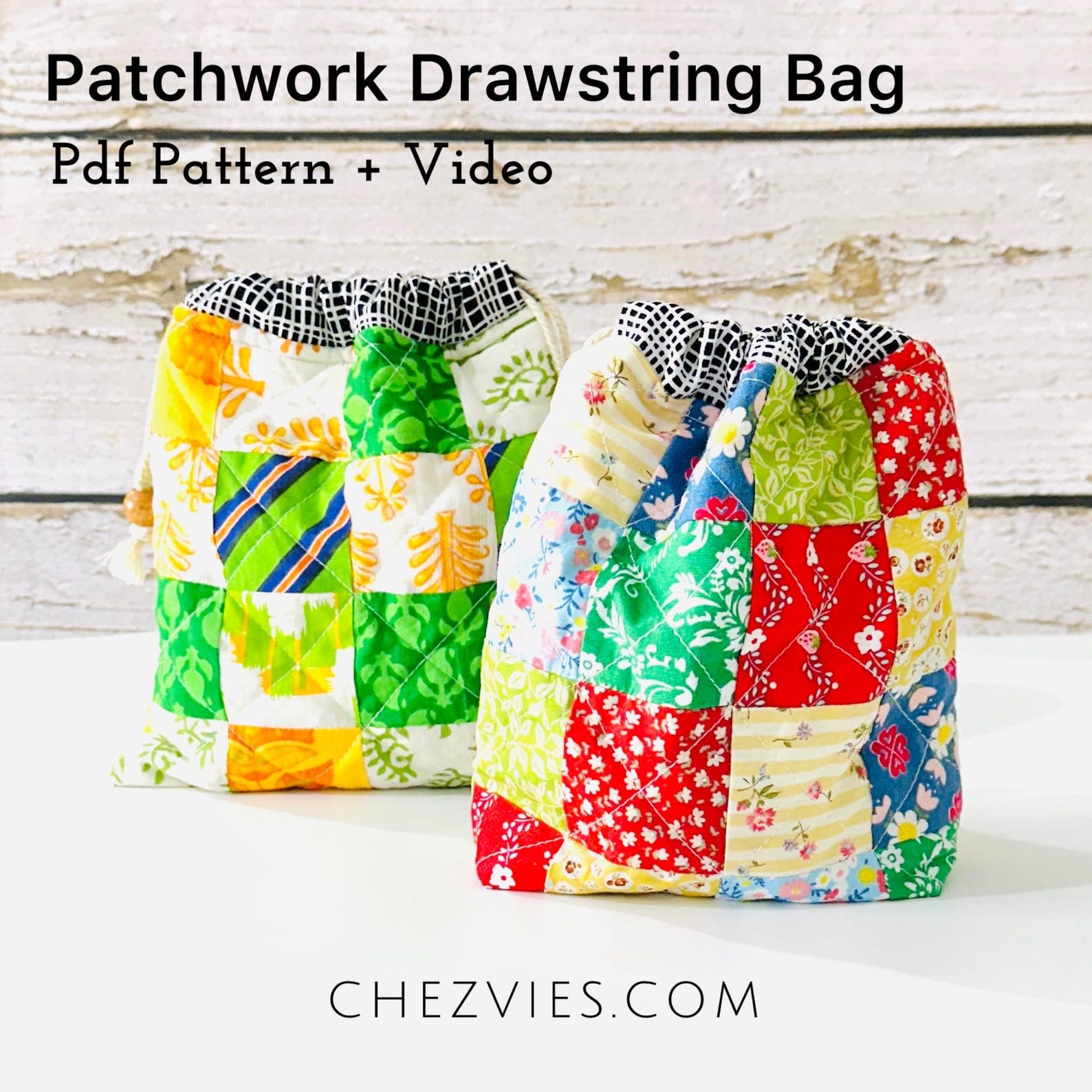 DIY Patchwork Drawstring Bag Sewing Pattern: Beginner Quilted Makeup ...