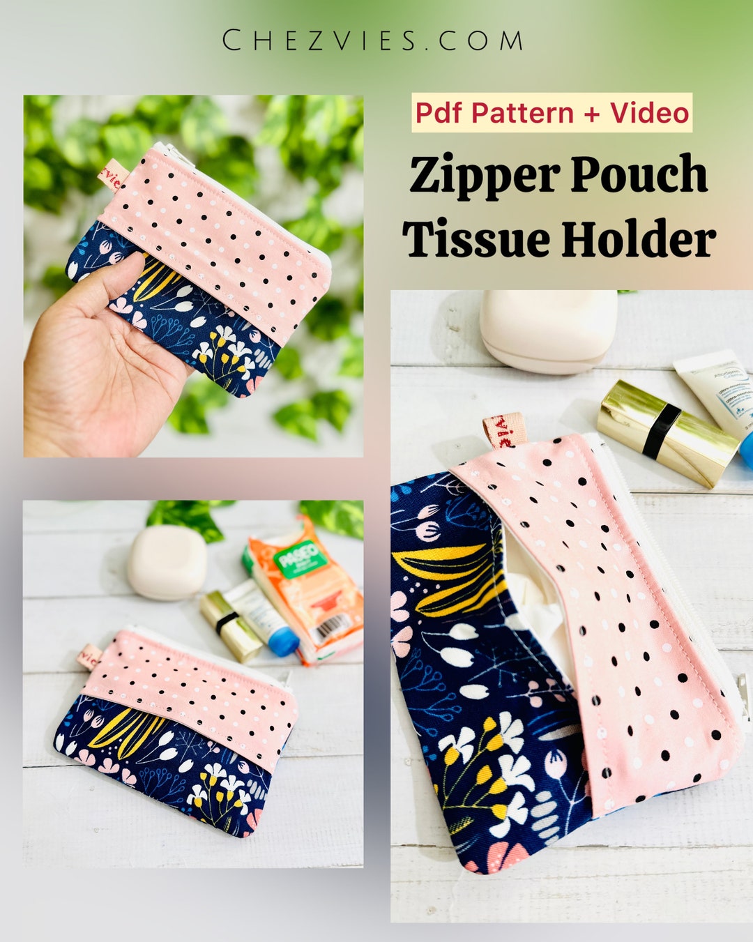 Small Zippered Tissue Pouch Sewing Pattern With Full Templates and ...