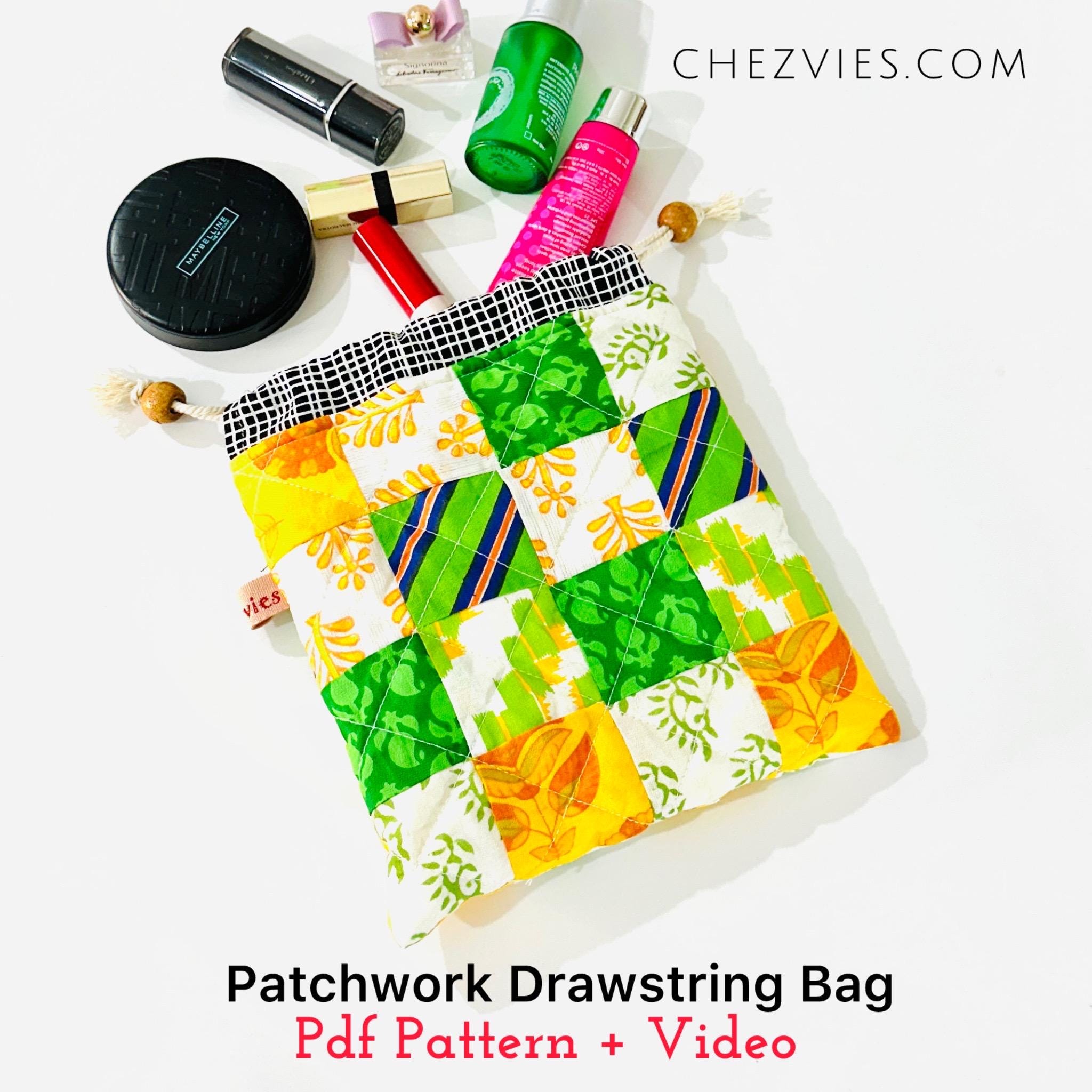 DIY Patchwork Drawstring Bag Sewing Pattern: Beginner Quilted Makeup ...