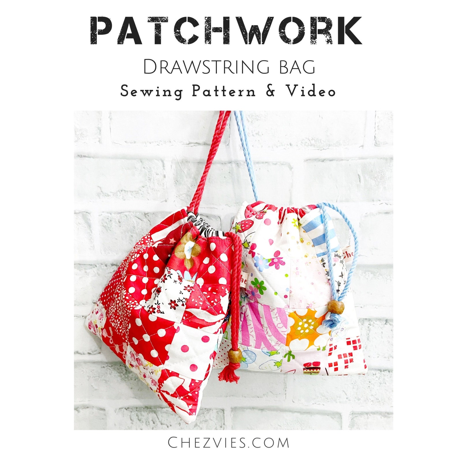 DIY Patchwork Drawstring Bag Sewing Pattern: Beginner Quilted Makeup ...