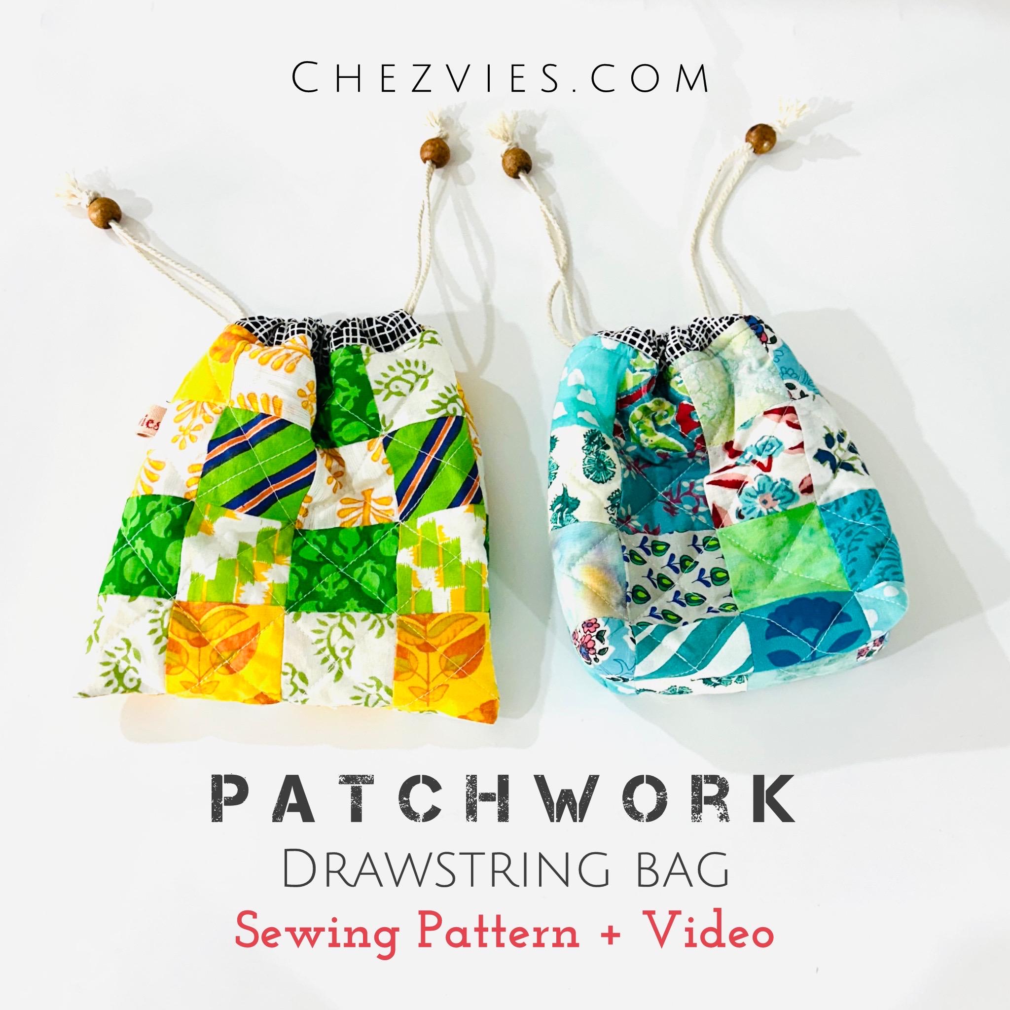 DIY Patchwork Drawstring Bag Sewing Pattern: Beginner Quilted Makeup ...