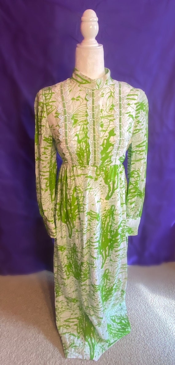 Vintage 60s Lime Green Paint Splatter Print Maxi Dres… - Gem