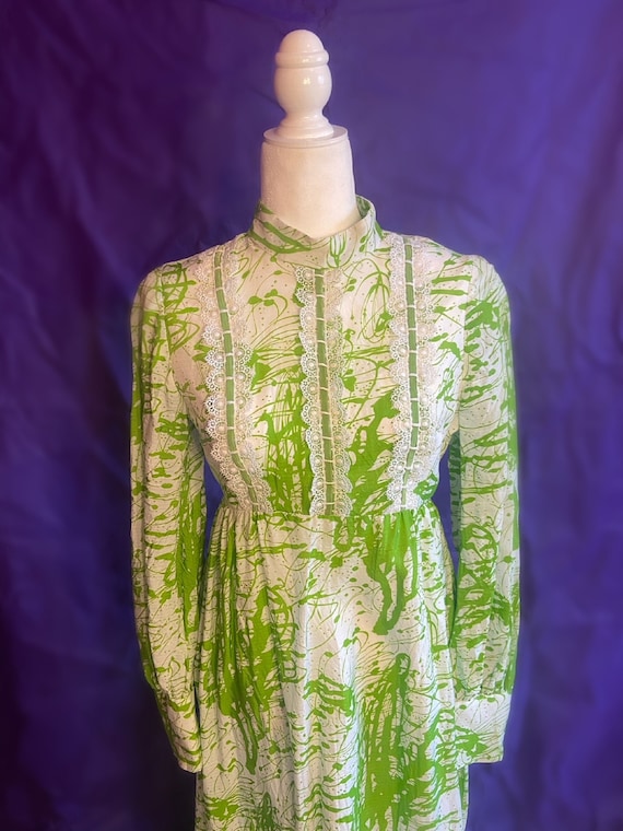 Vintage 60s Lime Green Paint Splatter Print Maxi Dres… - Gem