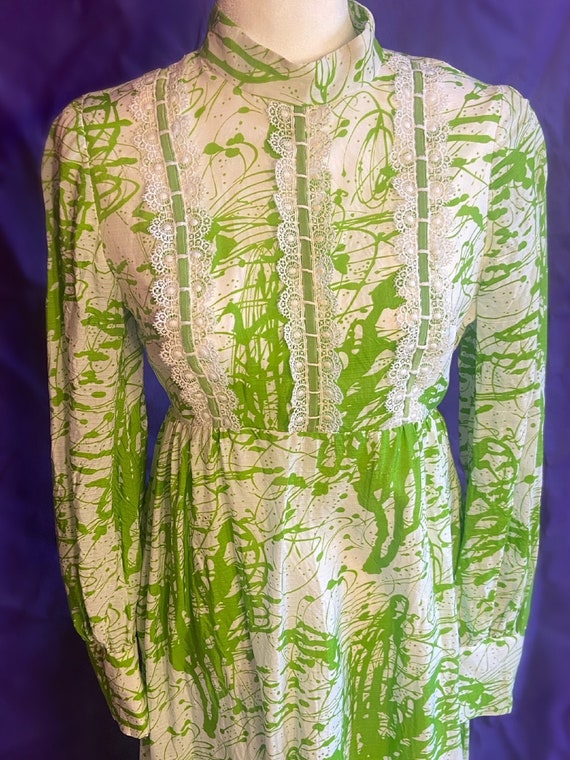 Vintage 60s Lime Green Paint Splatter Print Maxi Dres… - Gem