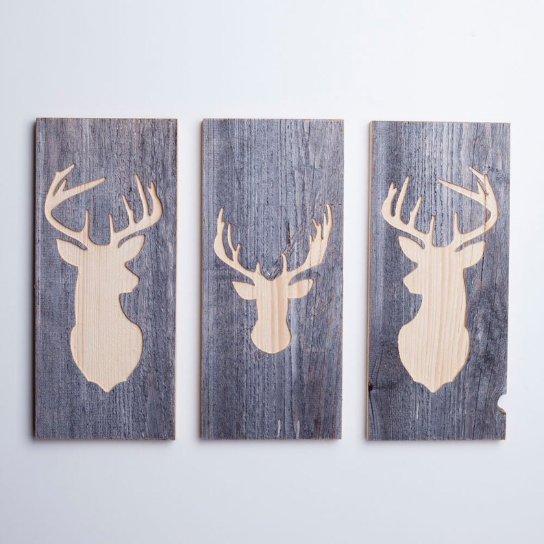 Set of 3 Wall Pictures Stag Wall Decor Wooden Reclaimed Wood | Etsy