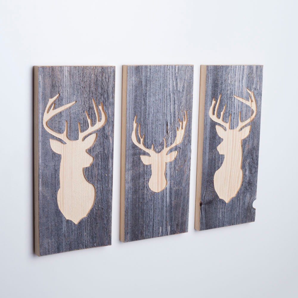 Set of 3 Wall Pictures Stag Wall Decor Wooden Reclaimed Wood - Etsy