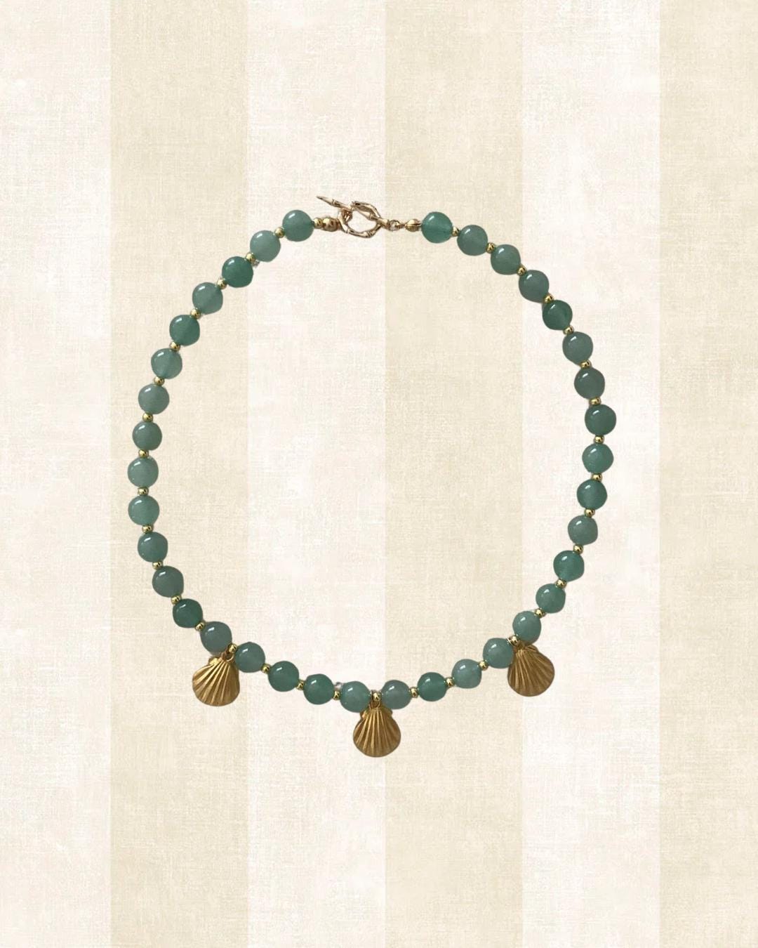 Gold and Green Beaded Clam Shell Pendant Necklace | Handmade Coastal ...