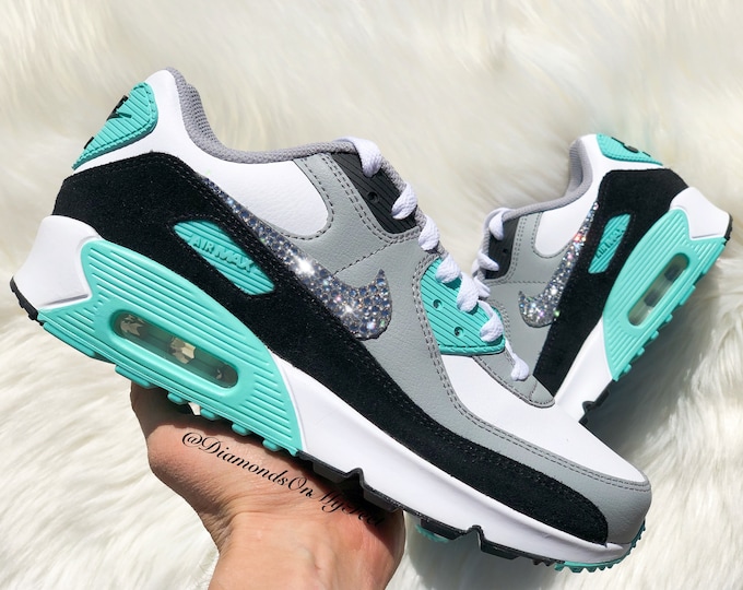 Swarovski Women's Nike Air Max 90 Teal, Black & White Sneakers Blinged ...
