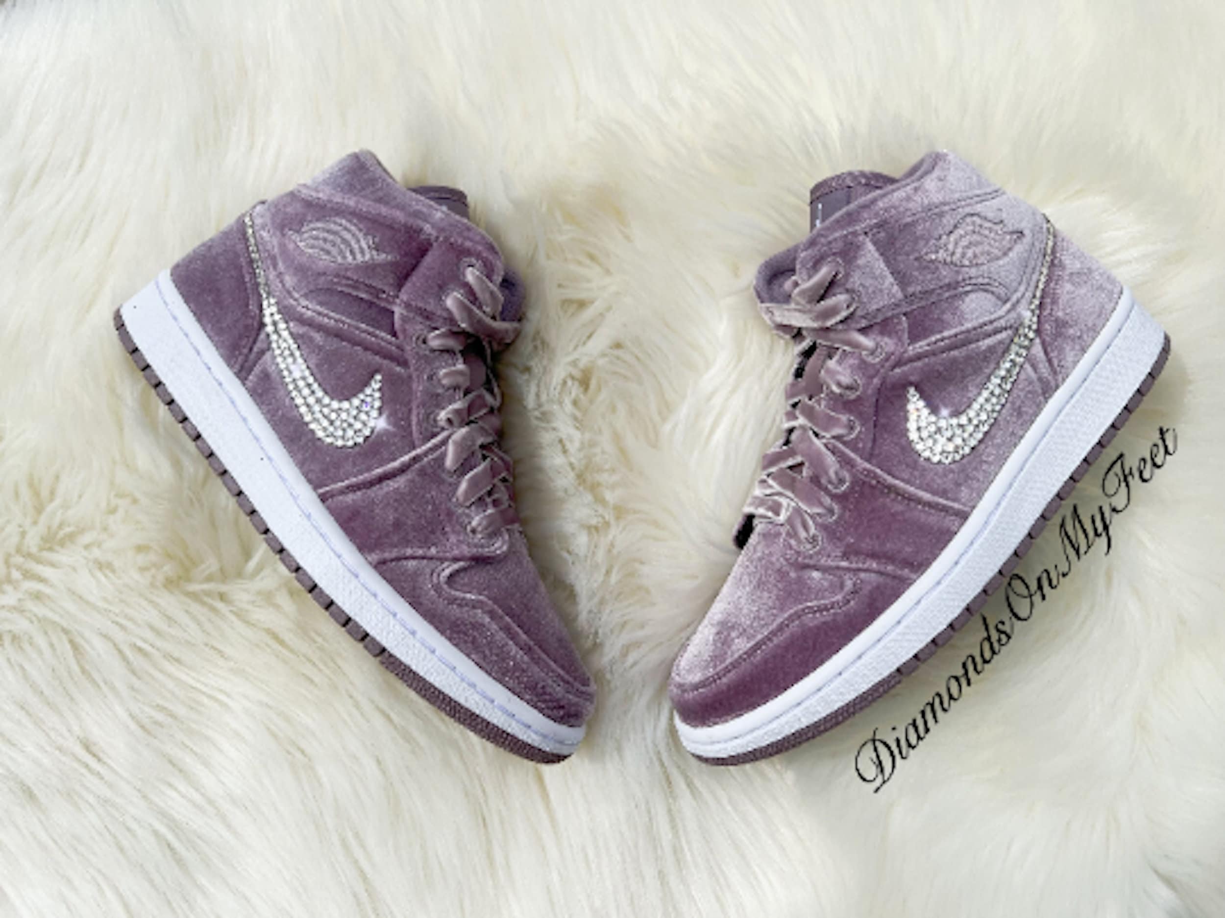 Swarovski Women's Jordan 1 Mid Light Purple Velvet Sneakers Blinged Out ...