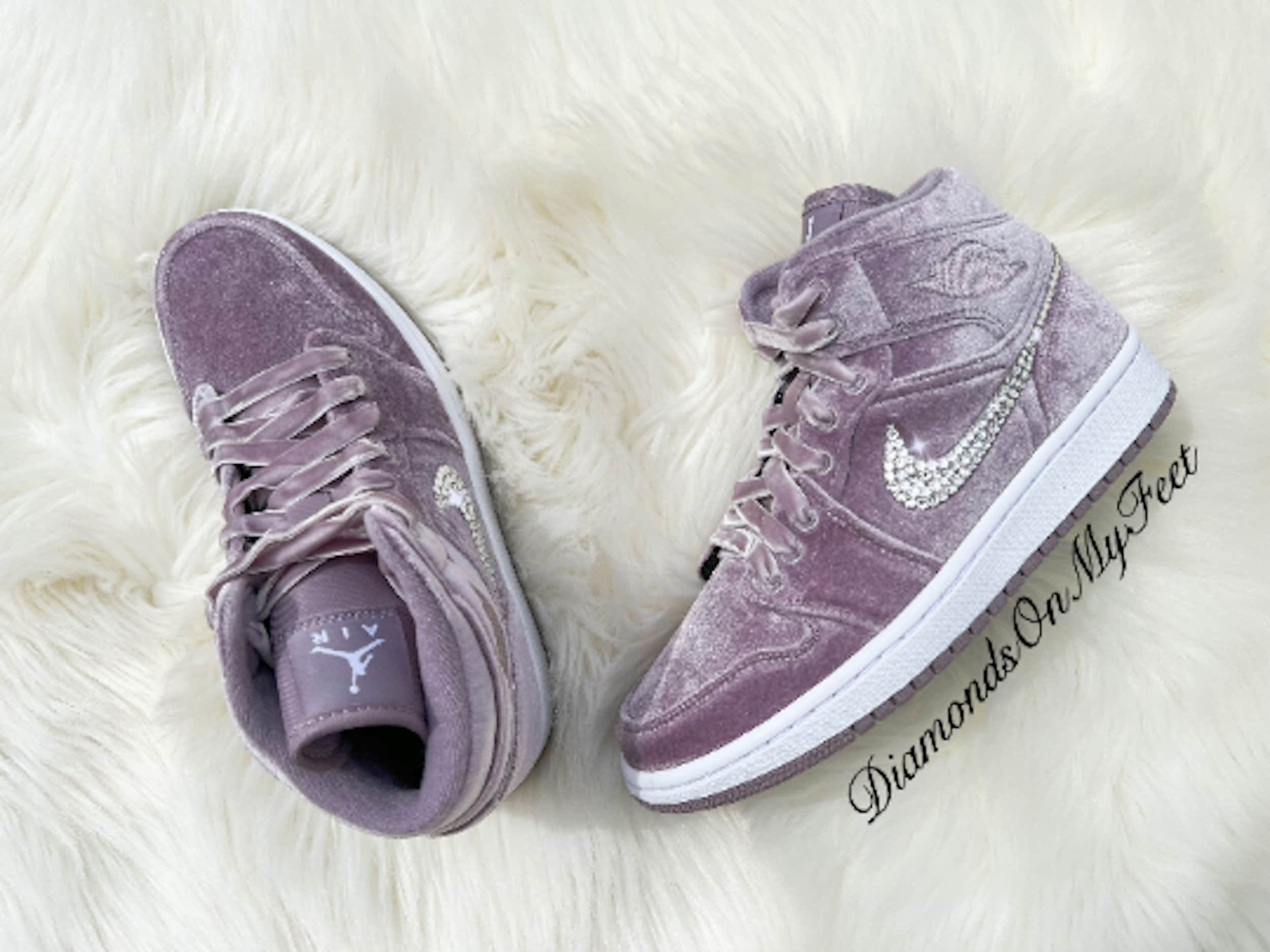 Swarovski Women's Jordan 1 Mid Light Purple Velvet Sneakers Blinged Out ...