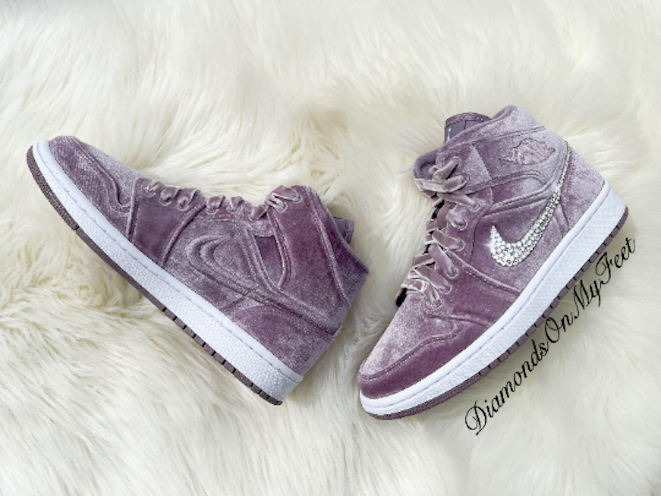Swarovski Women's Jordan 1 Mid Light Purple Velvet Sneakers Blinged Out ...