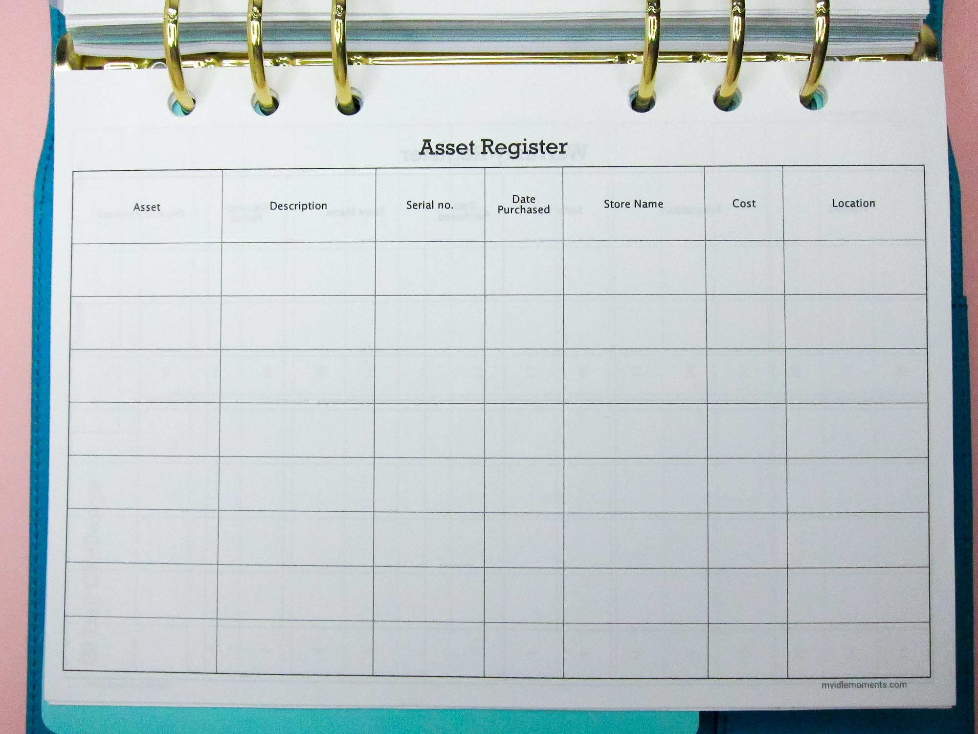 Asset Register, Asset Tracker, Asset Log Printable Insert for A5 Size ...