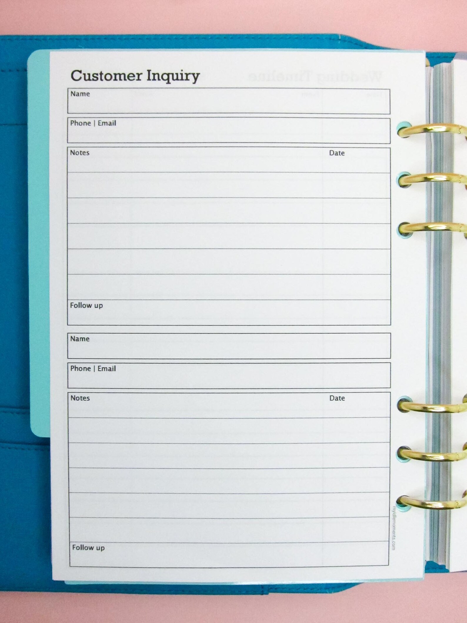 A5 Size Customer Inquiry Form for Small Business A5 Planner Insert ...