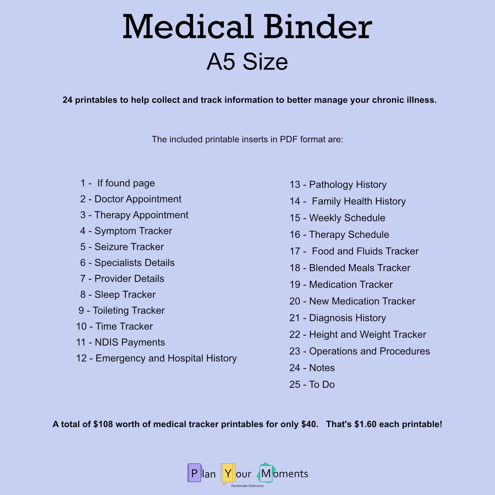 Medical Binder Inserts A5, Medical Planner Insert, Special Needs ...
