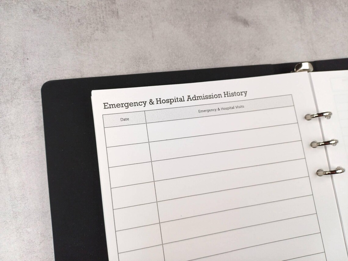 Emergency Room and Hospital History Tracker Printable Insert, Health ...