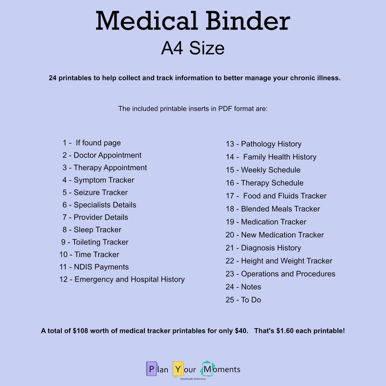 Medical Binder Inserts A4, Medical Planner Insert, Special Needs ...