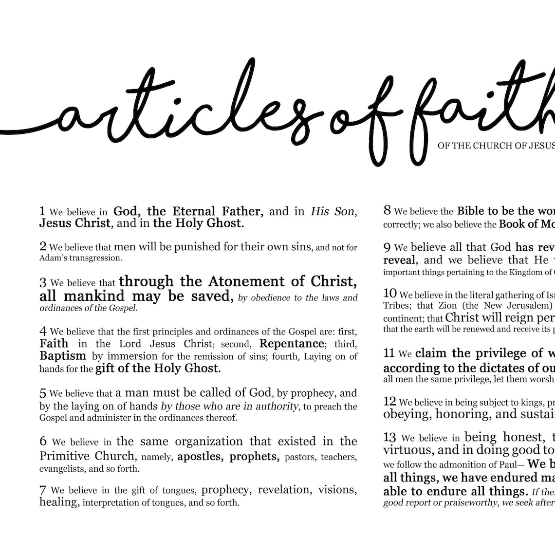 Horizontal Articles of Faith Print- LDS- Various Sizes- Cursive - Etsy