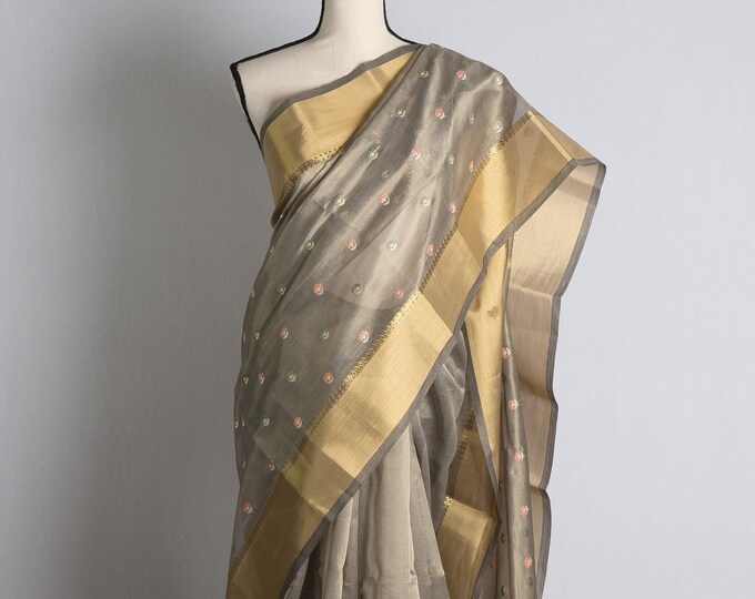 Semi Tissue Embroidery Saree in Gray and Gold - Etsy