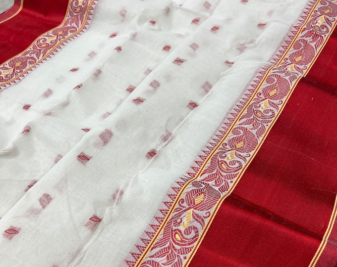 White and Red Bengali Tant Saree With Starch | Bengal Looms - Etsy