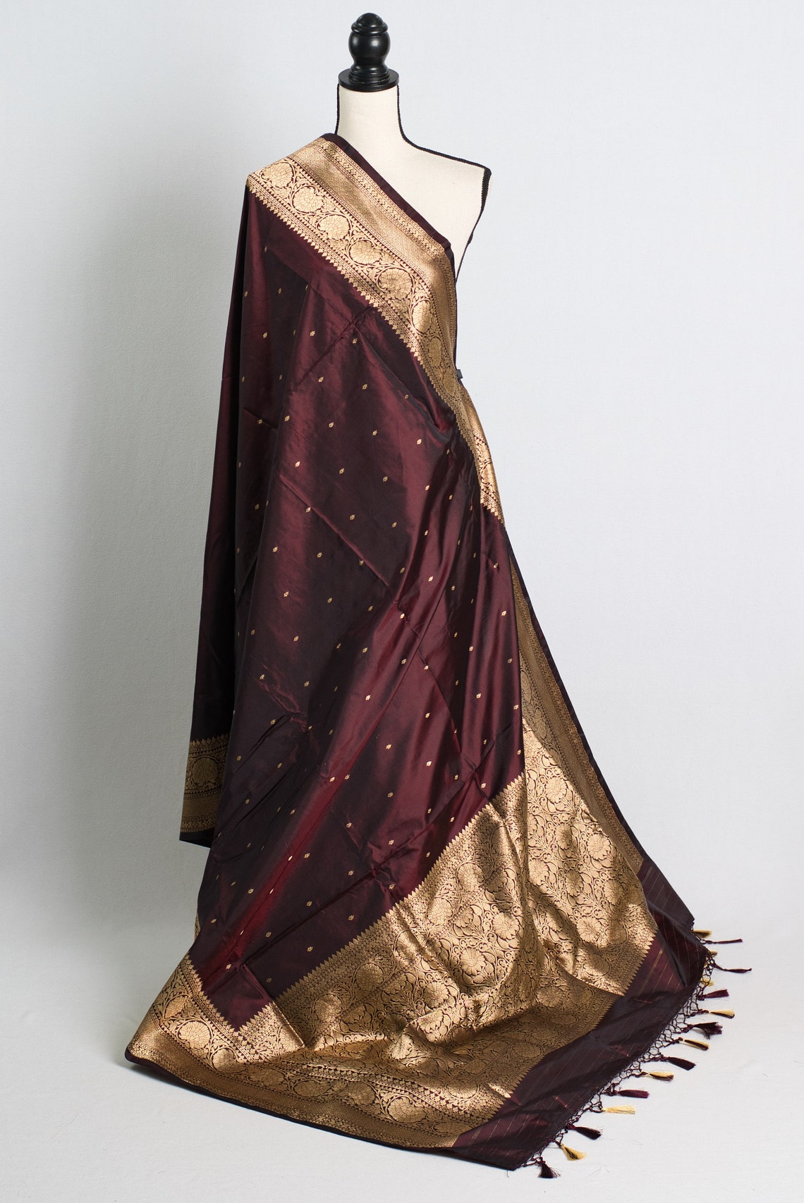 Silk Mark Certified Mashru Banarasi Silk Saree in Coffee Brown and Gold ...