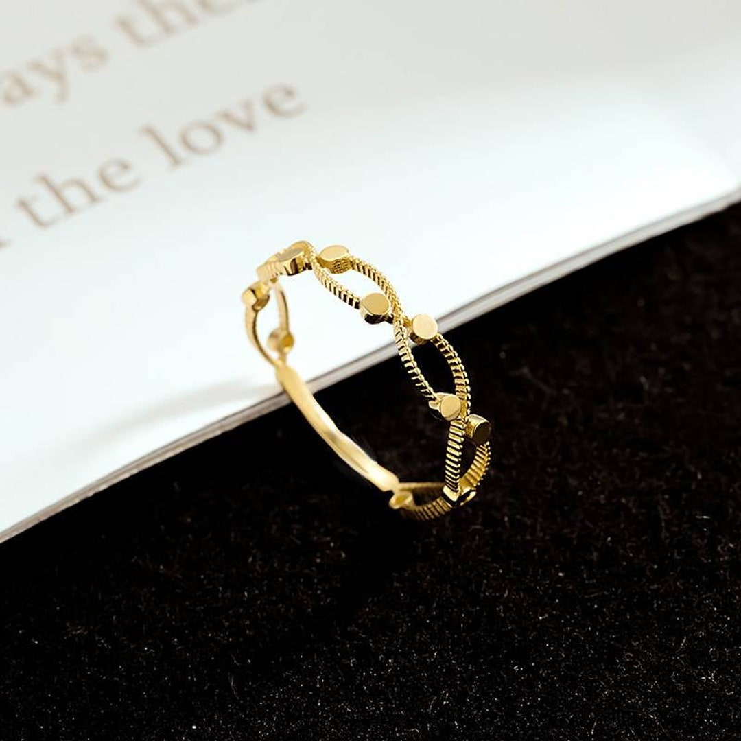 Genuine 14K Solid Gold Link Chain Style Ring, Au585 Gold Stamped 5mm Wide Ring for Wedding ...