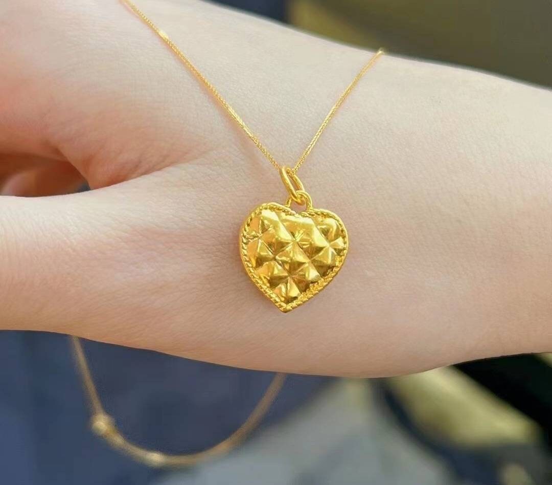 Genuine Pure Gold 999 Gold 24K Gold Engraved Heart Pendant Charm 18K ...