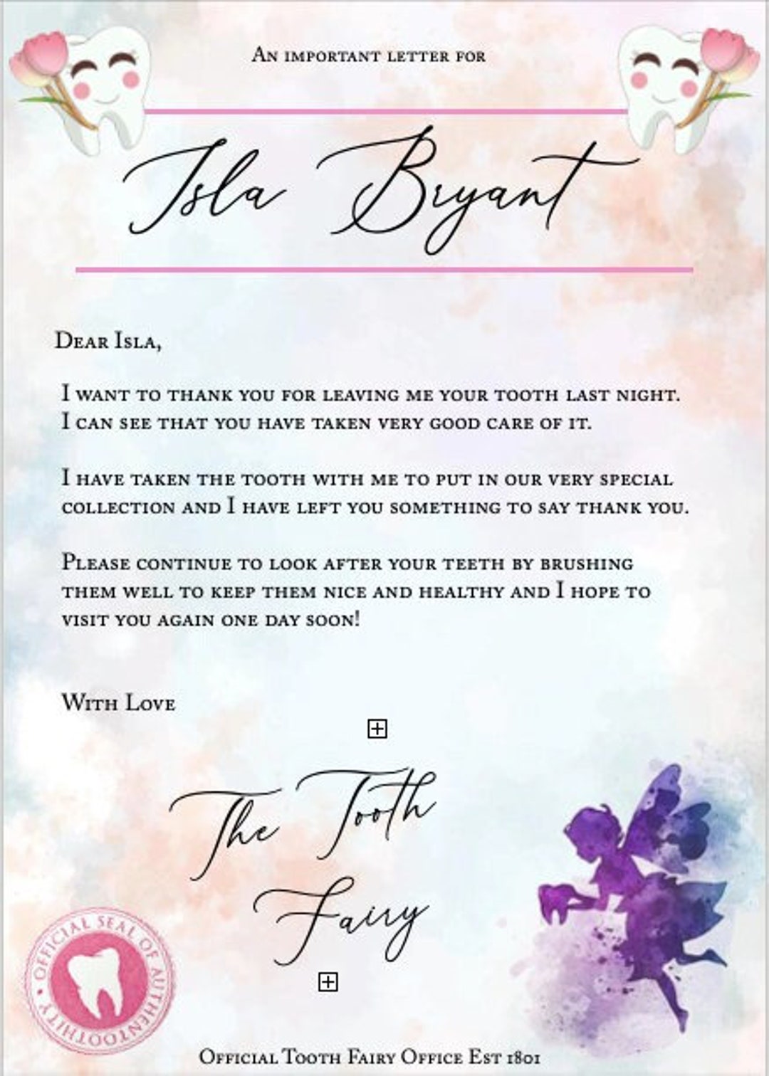 PDF Personalised Tooth Fairy Letter Girl - Etsy