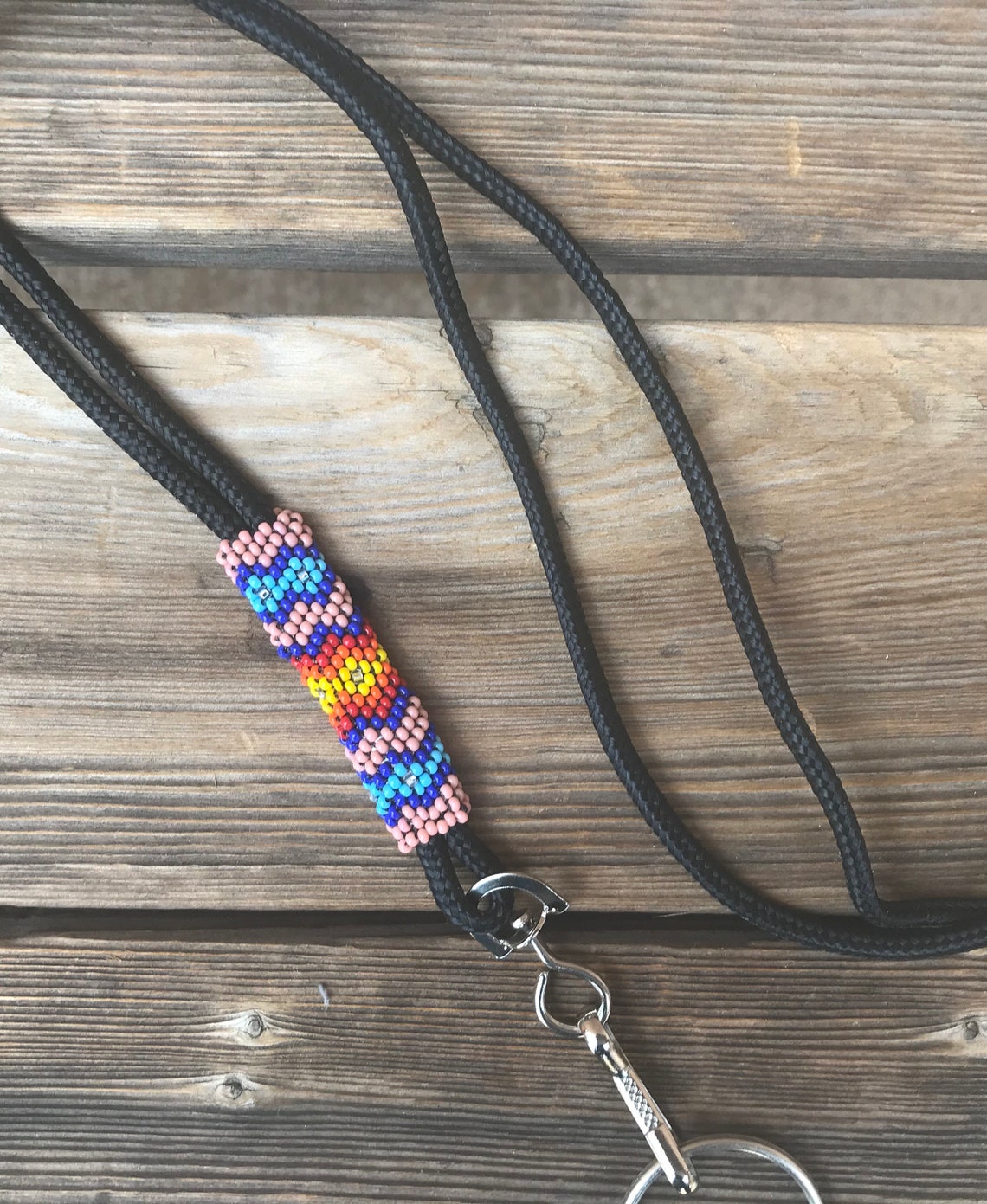 Native American Beaded Lanyard Beaded I.D. Badge Holder Beaded Keyring ...