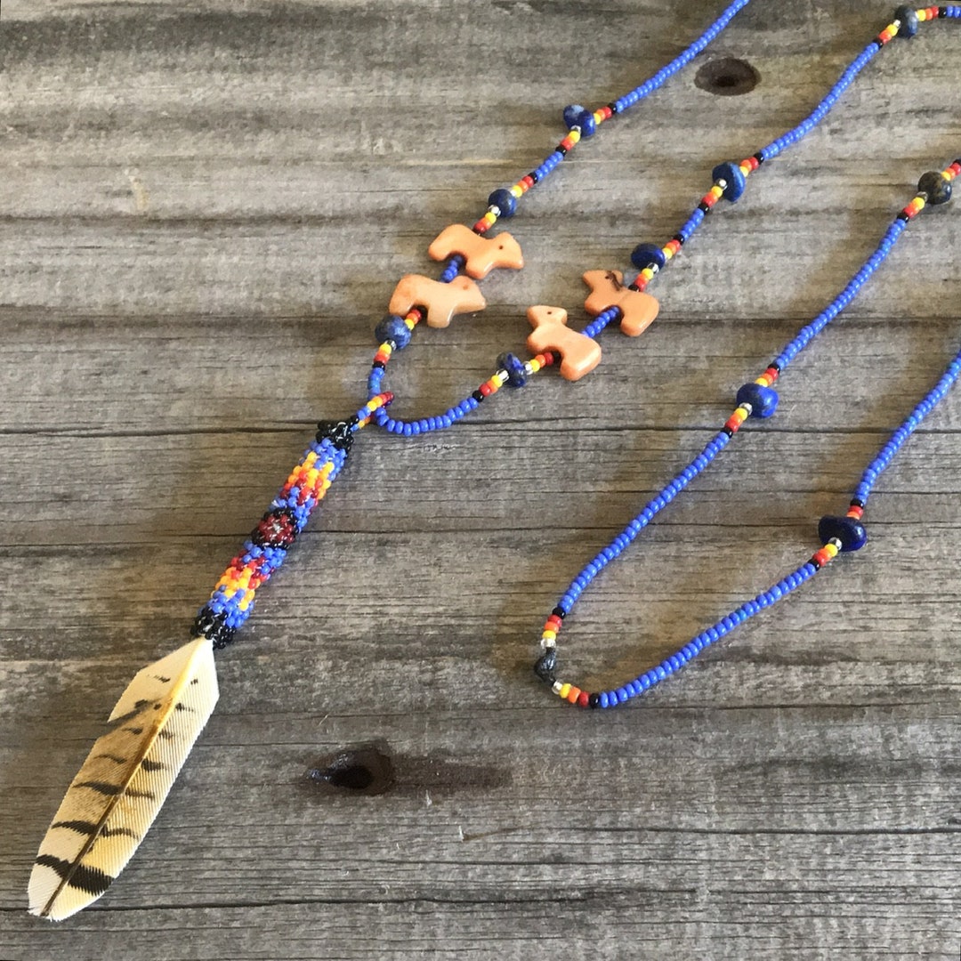 Native American Beaded Hand-painted Feather Necklace - Etsy