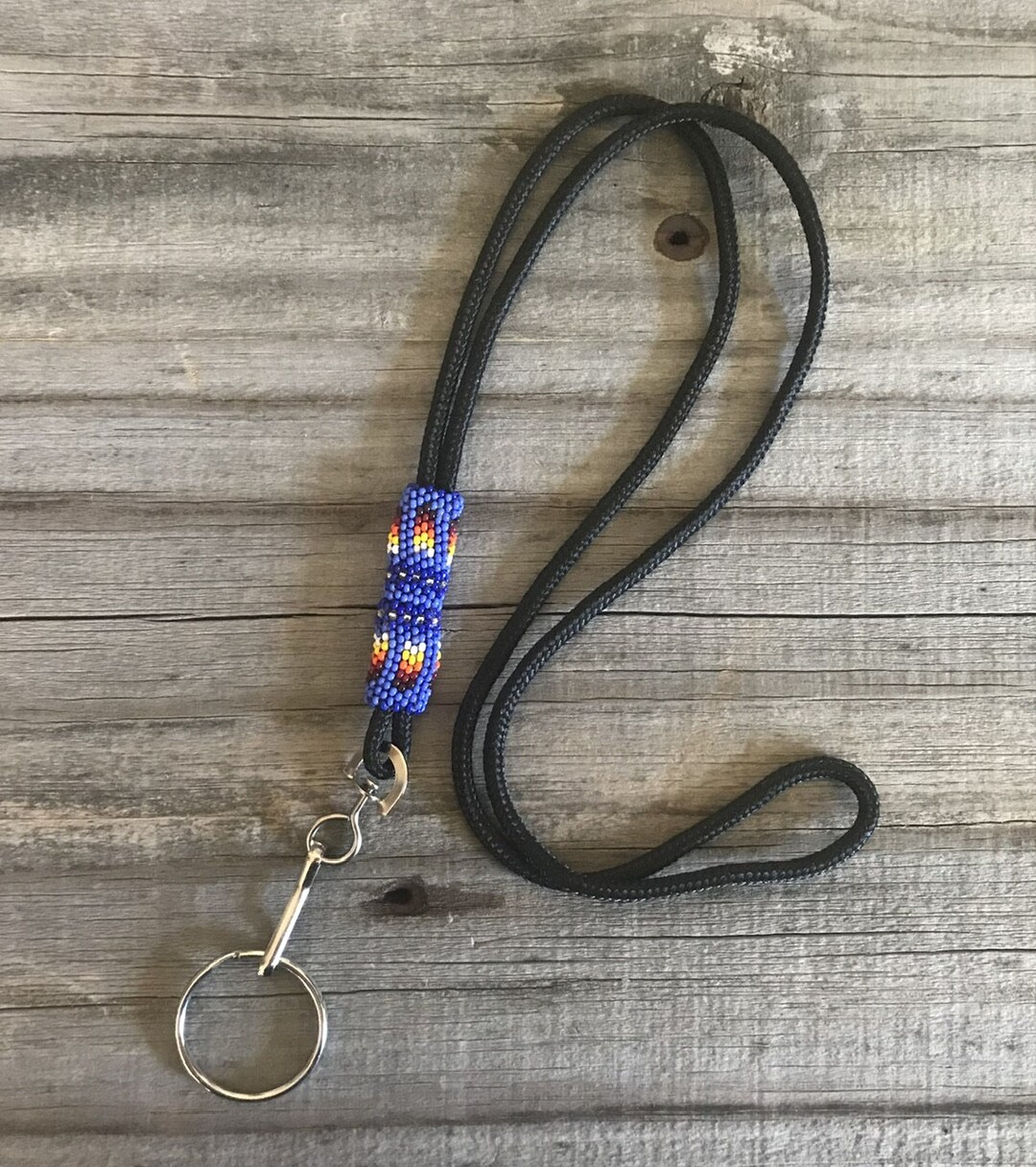 Native American Beaded Lanyard Beaded I.D. Badge Holder Beaded Keyring ...