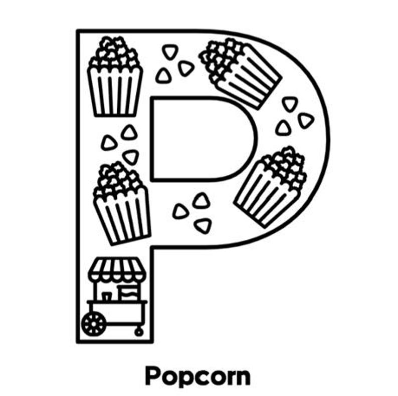 Alphabet Party Coloring Page - P is for Popcorn | Minimal Printable - Etsy