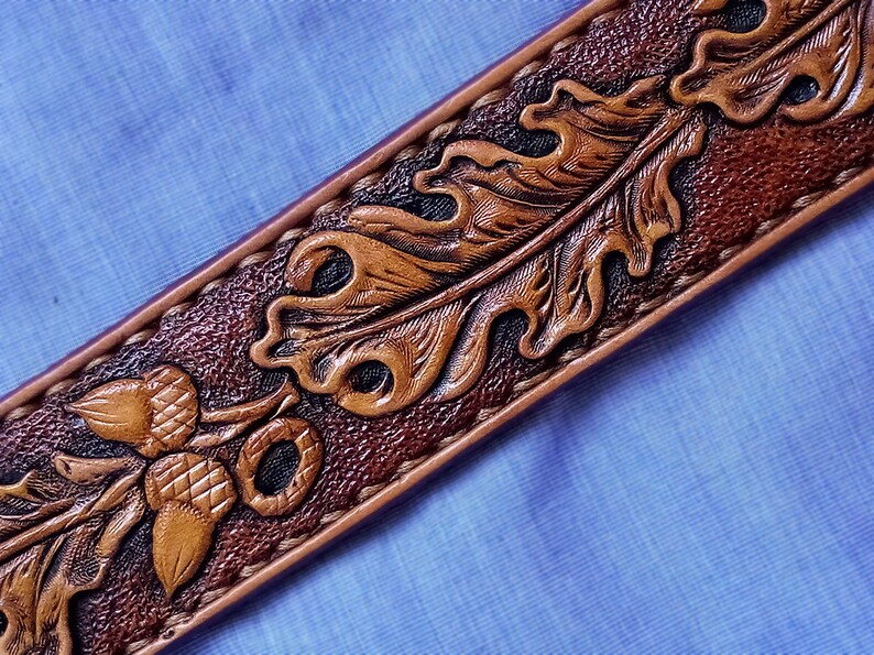 Tooled Belt Personalized Oak Leaves Acorns Heavy Duty Hand Carved - Etsy